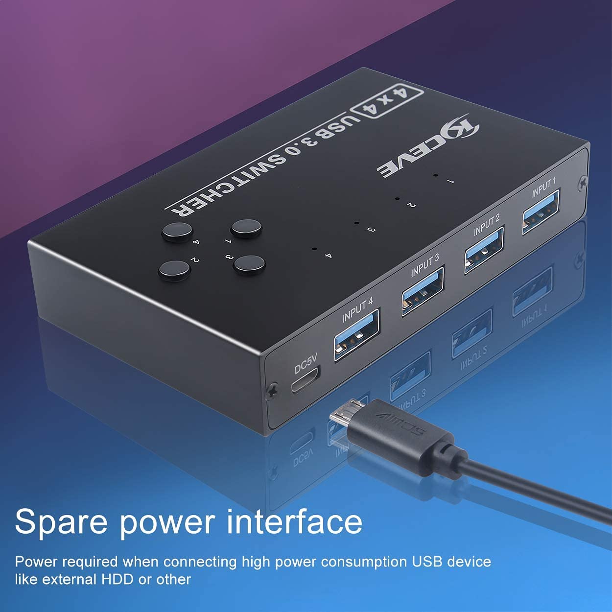 KCEVE USB 3.0 Switch, USB Switcher Selector 4 Computer Sharing 4 USB Devices Printer, Scanner, Mouse, Keyboard, Compatible with Mac/Windows/Linux, with 4 Pack USB 3.0 Cables