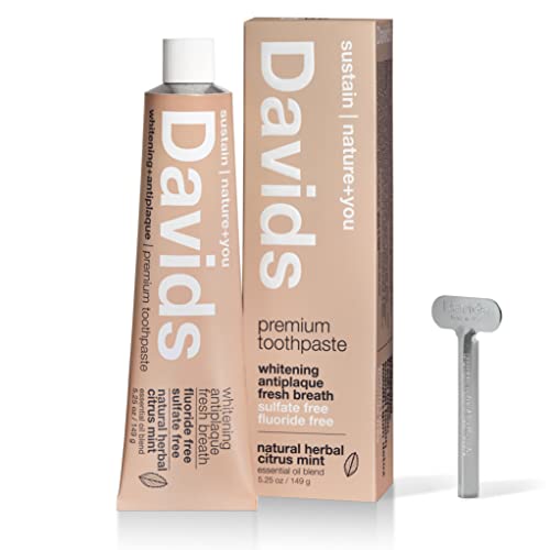 Davids Natural Toothpaste For Teeth Whitening, Herbal Citrus Peppermint, Antiplaque, Flouride Free, SLS Free, EWG Verified, Toothpaste Squeezer Included, Recycable Metal Tube, 5.25oz