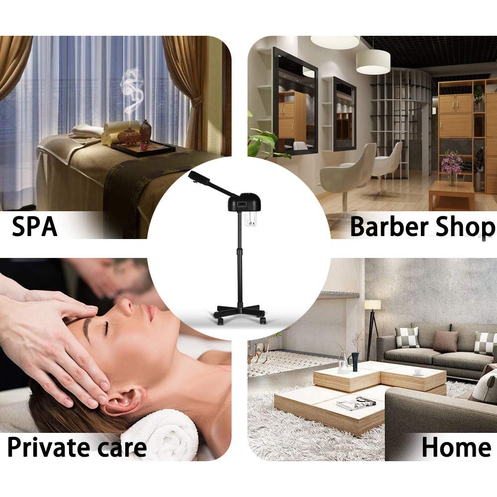 LCD Ozone Facial Steamer Professional for Clean Skin, Skin Care Use at Home, Beauty Salon, Spa with Hot Mist, Timer Function, Adjustable Height, Rolling Wheels - Black