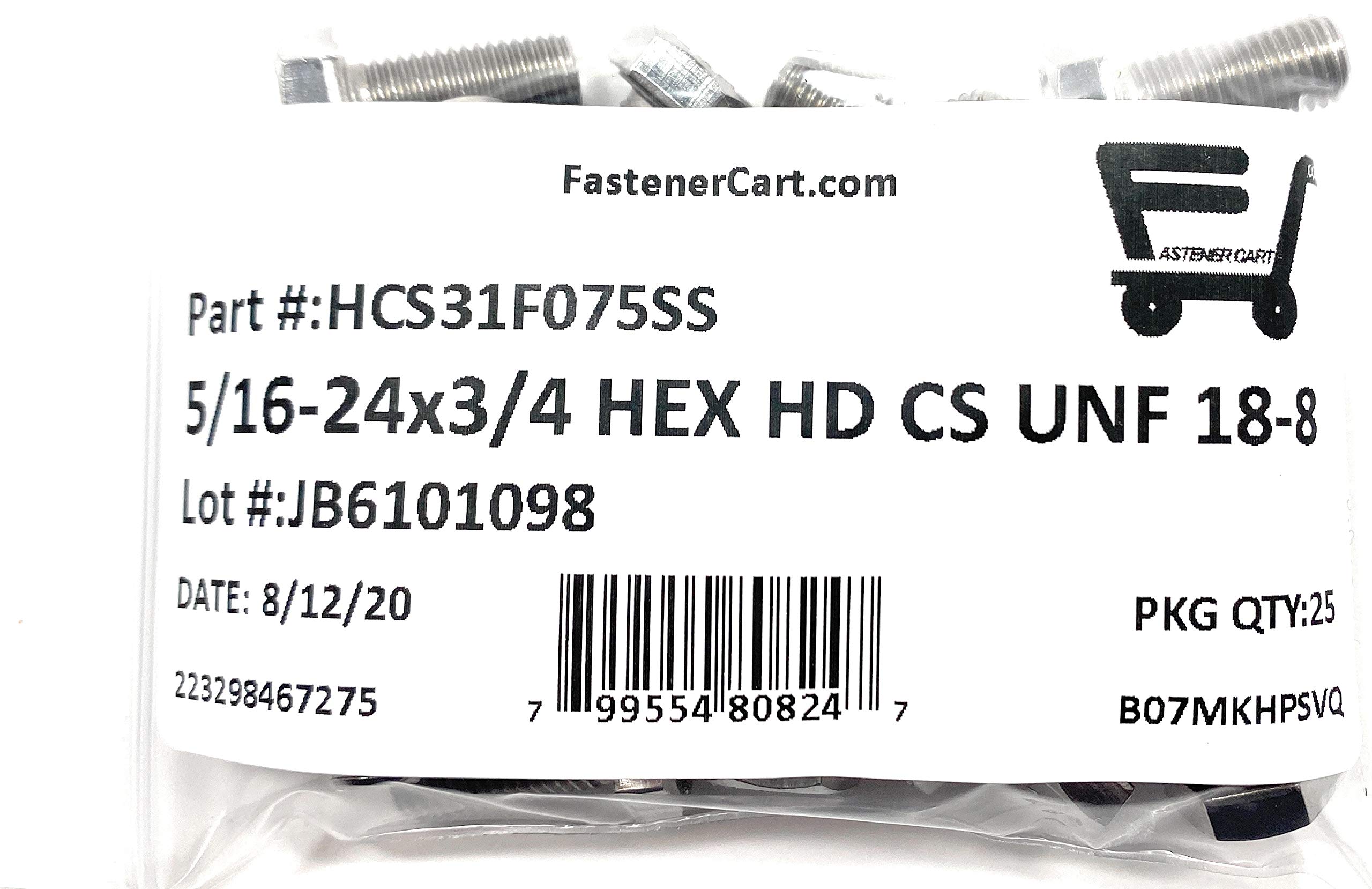 5/16-24x3/4 Stainless Steel Hex Cap Screws FT Hex Bolts 18-8 (UNF) FINE Thread (25 Pieces)