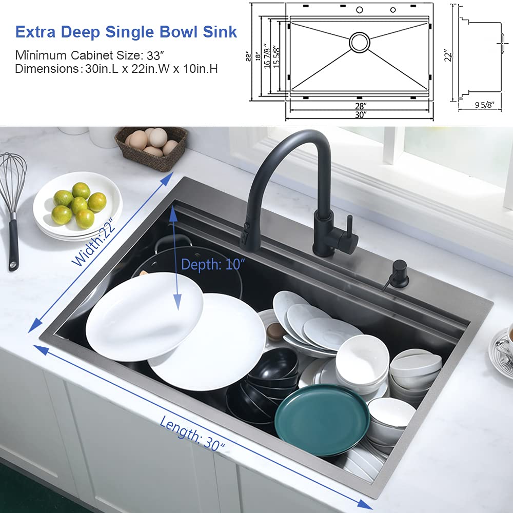 30 Black Drop in Kitchen Sink Workstation- Hovheir 30x22 Topmount Drop In Kitchen Sink Matte Black Stainless Steel Sink Handmade Sink Double Ledges Workstation Sink 16 Gauge Single Basin Kitchen Sink