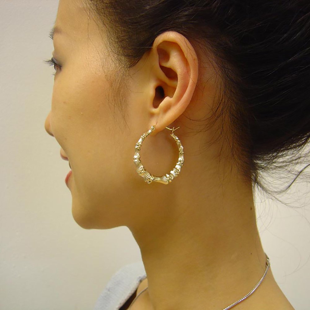 14K Yellow Gold Small Size Round Bamboo Hoop Hollow Earrings 1 3/8 Inches