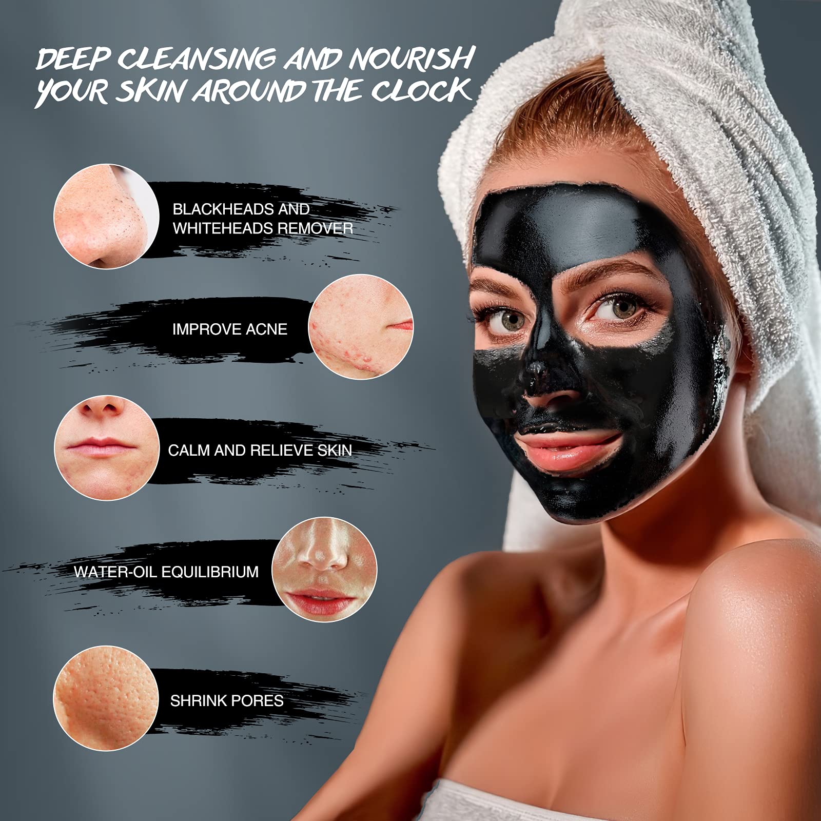 POP MODERN.C Blackhead Remover Mask with Tea Tree Cream Charcoal Peel Off Facial Mask Blackheads Whiteheads Removal Deep Cleansing Pore Purifying Acne Face Mask with Brush Pimple Extractor 4-in-1 Kit