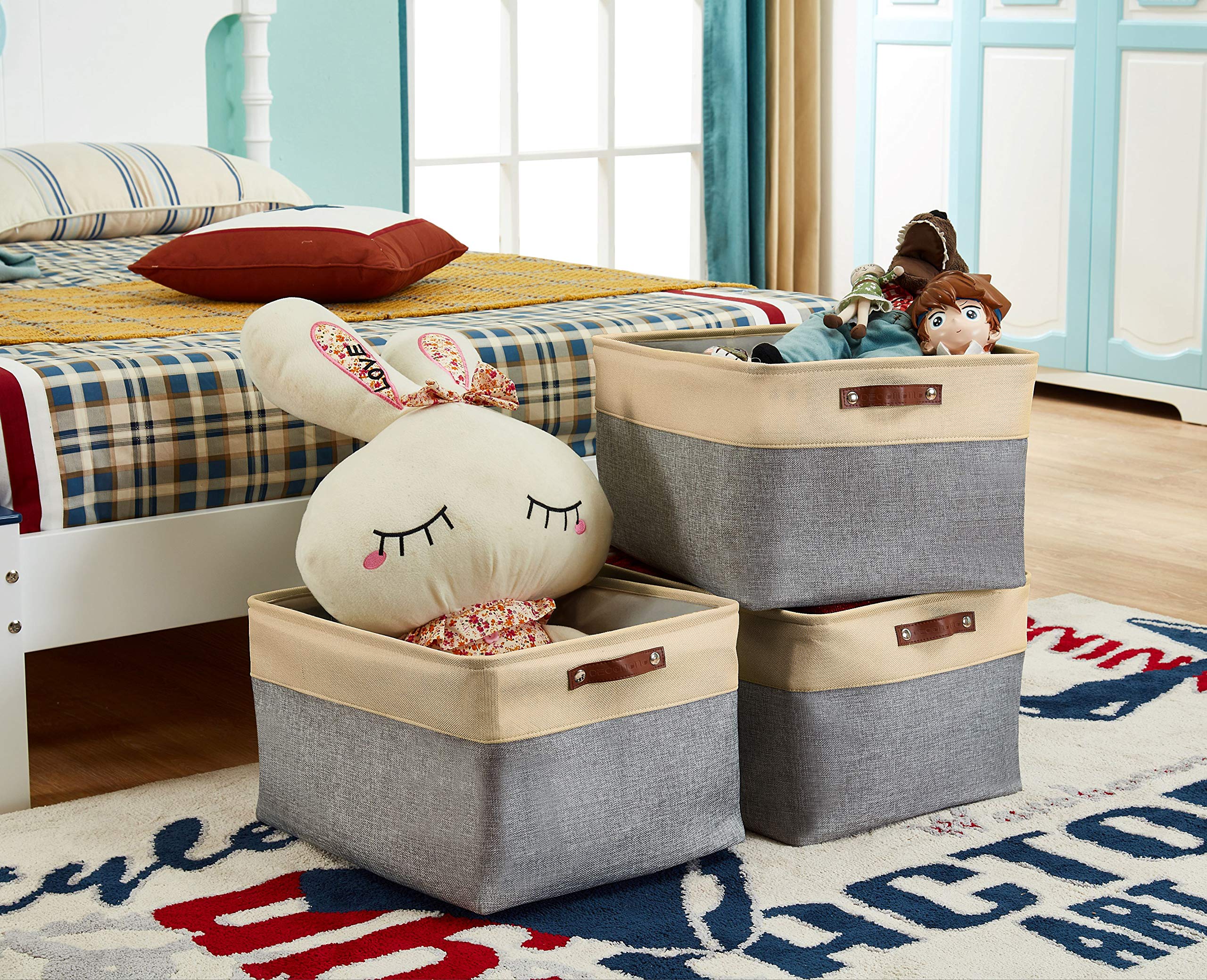 DECOMOMO Storage Baskets | Large Storage Bins Fabric Baskets for Organizing Laundry Nursery Toys Cloth Linen Closet Organizers with Handles (Grey and Beige, XXXXL - 3 Pack)