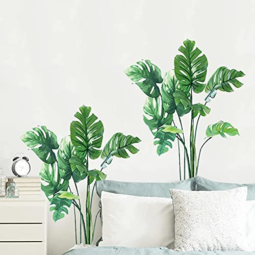 Monstera Leaf Wall Decals 2 PCS Palm Leaves Wall Stickers for Living Room, Green Tropical Plants Wall Decor Posters Vibrant Jungle Leaves Wallpaper for Bedroom Nursery