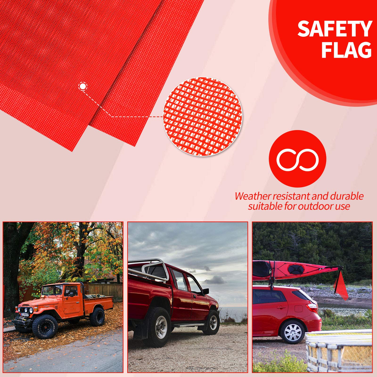 2 Pieces 18 x 18 Inch Hook Safety Warning Flag Mesh Safety Flag Warning Flag with Vinyl Welt and Bungee Cord for Truck and Pedestrian Crossings (Deep Red)