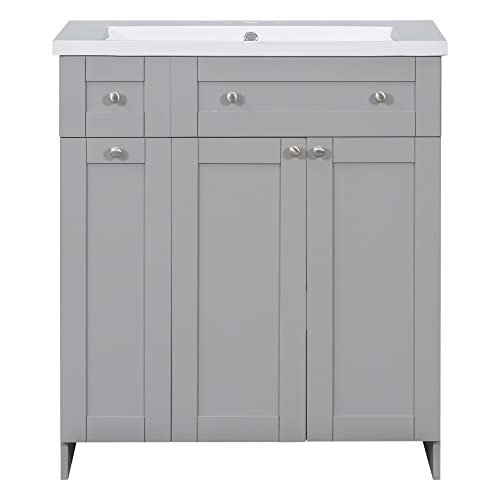 30 Inch Freestanding Bath Vanity in Grey with White Resin Top Modern Contemporary Painted Adjustable Shelving