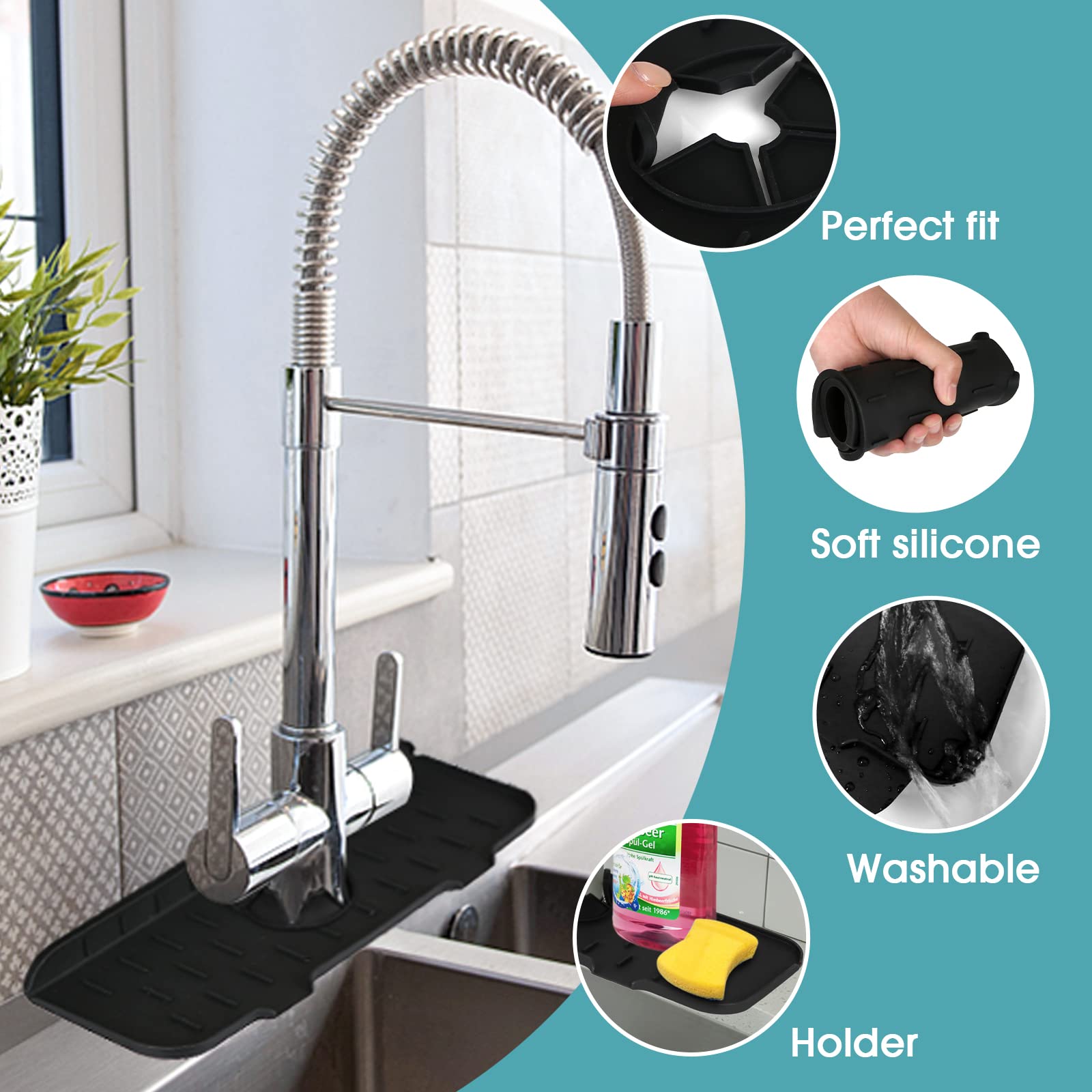2 Pack Silicone Faucet Handle Drip Catcher Tray, Kitchen Sink Splash Guard Mat, Faucet Water Catcher Mat Sink Draining Pad Drying Mat for Countertop, Bathroom, Farmhouse, RV, Kitchen Sink Accessories