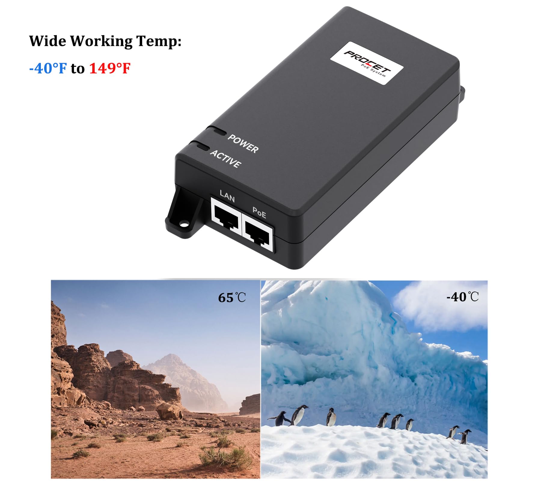 PROCET Gigabit PoE Injector 30W Wide Working Temperature -40°F to 149°F, IEEE802.3af/at/PoE+ 10/100/1000Mbps PoE Power Injector for IP Camera, Wireless AP, PoE IoT