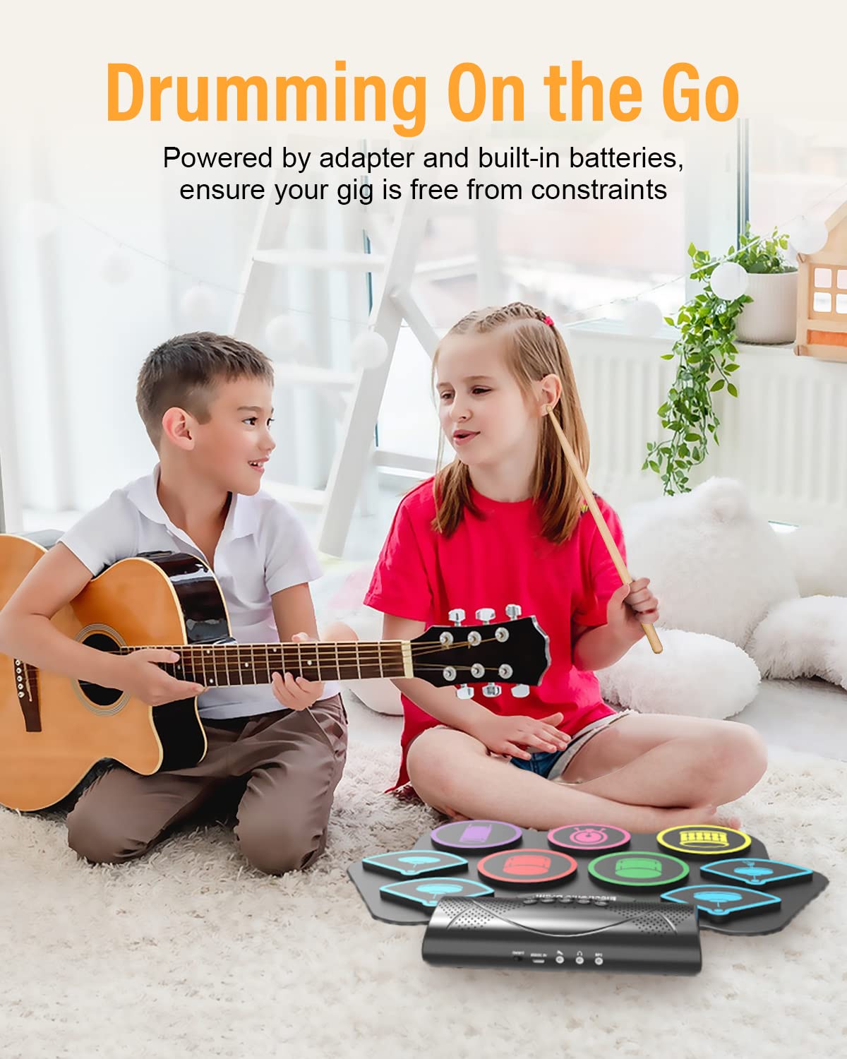9 Pads Electronic Drum Set, 19Γ13 Inch Roll-Up Drum Portable Drum Pad Kit With MIDI Education Function, Built-in Speaker, Supports headphone/Bluetooth, Great Holiday Birthday Gift for Kids β Colorful