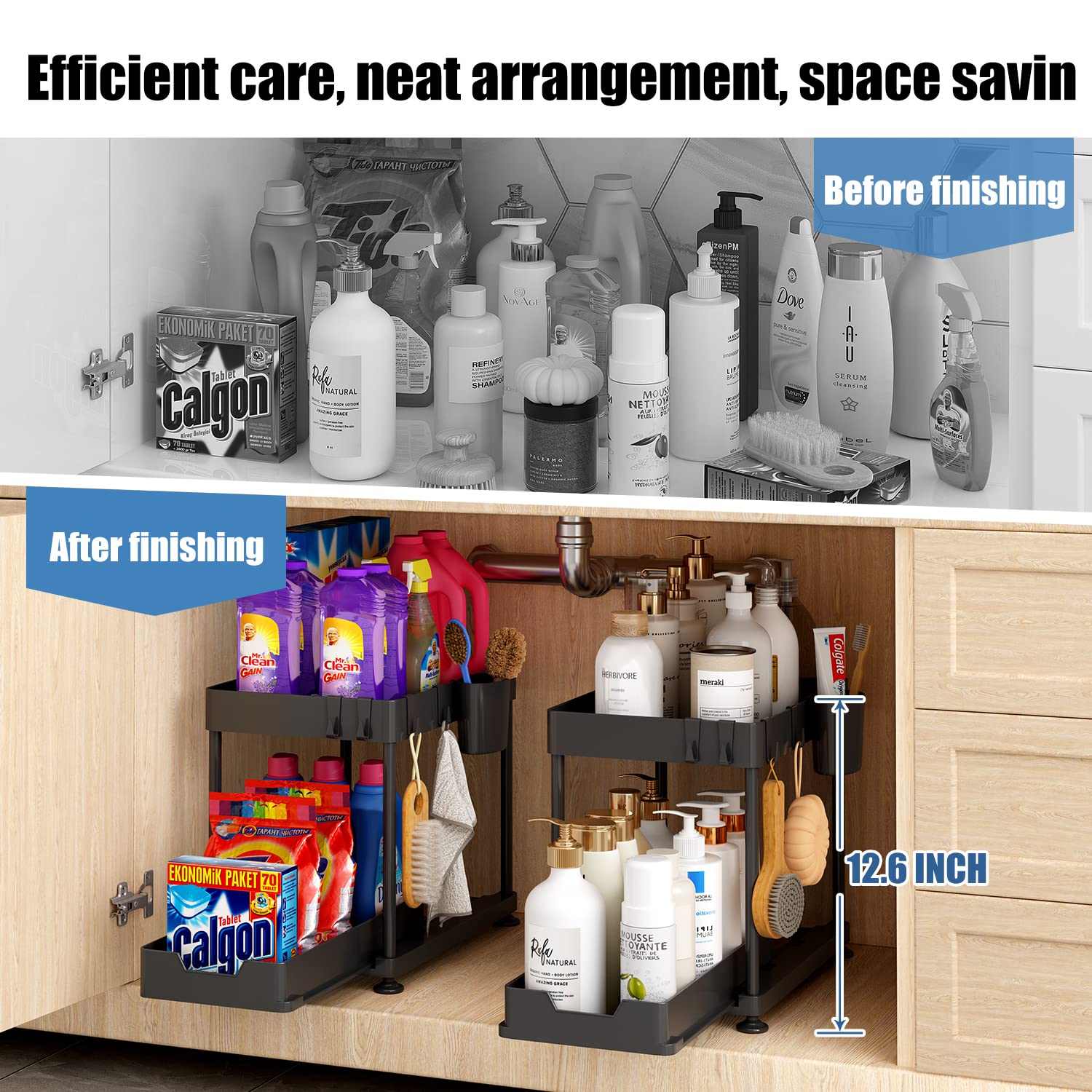 2 Pack Under Kitchen Sink Organizers and Storage, 2 Tier Under Sink Organizer for Bathroom Cabinet, Undersink Organizer Sliding Drawer with Hooks, Hanging Cup for Narrow Space by SMATHOM, Black