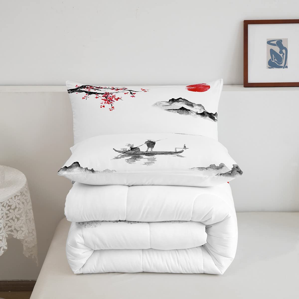 Japanese Ukiyoe Theme Comforter Set Hokusai Pattern Bedding Set Japanese-Style Comforter White Quilted Duvet Set for Kids Boys Girls Full