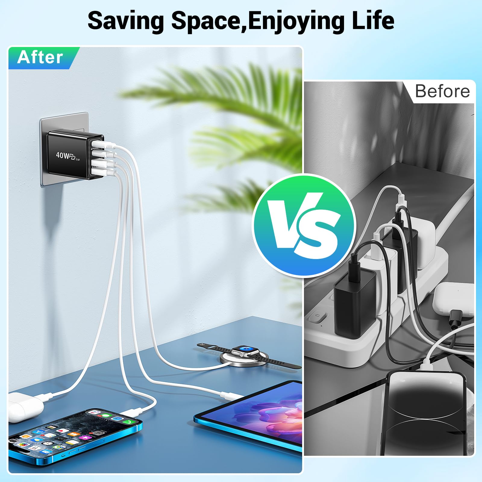 2 Pack USB C Charger Block 40W 4Port Fast Charging Brick Dual USB C Wall Charger Plug Phone Charger Cube Compatible with iPhone Pro 15 14 13 12 11 Pro Max, iPad, Samsung Galaxy, Google,Tablet