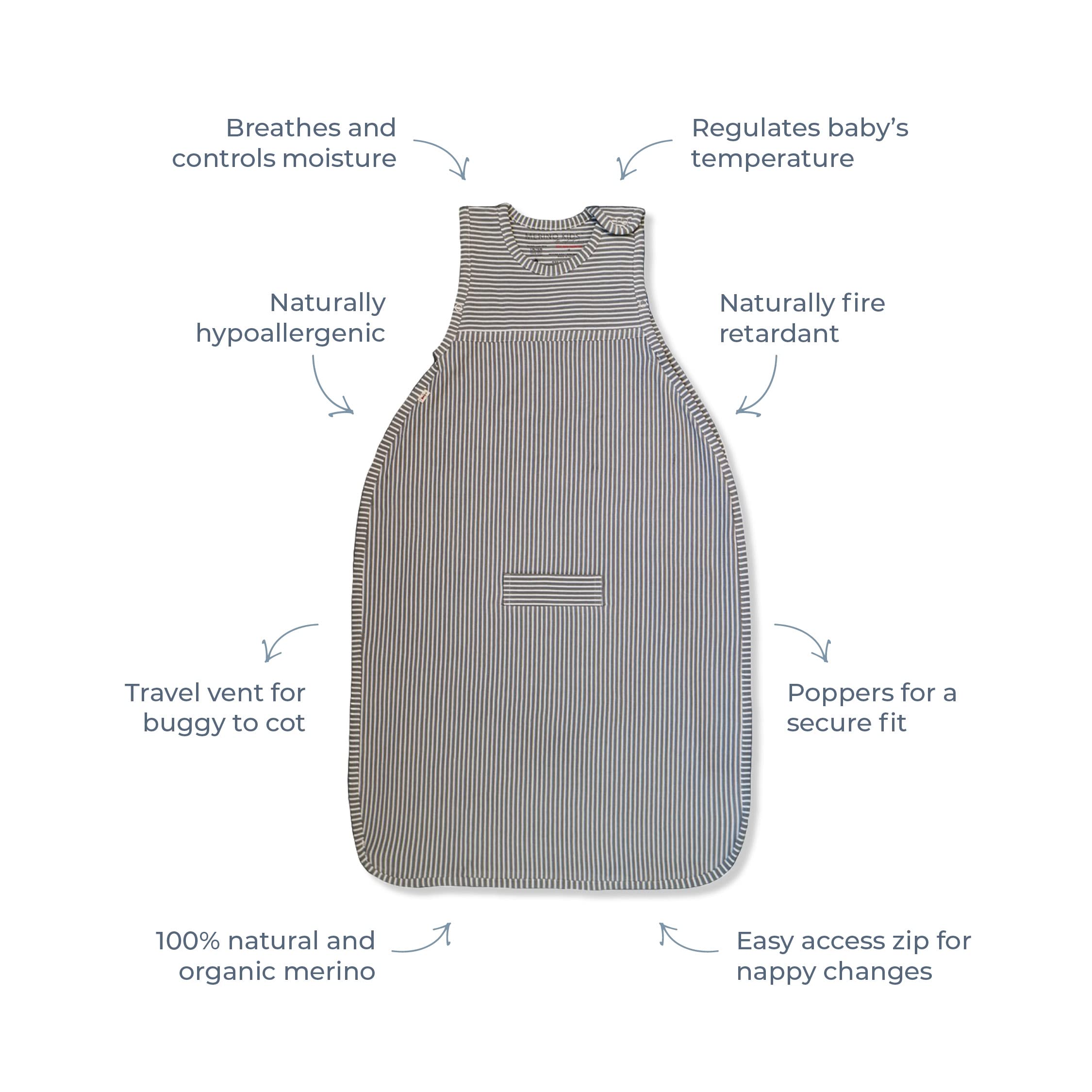 Merino Kids Winter-Weight Quilted Baby Sleep Bag for Toddlers 2-4 Years, Riverstone - Light Grey