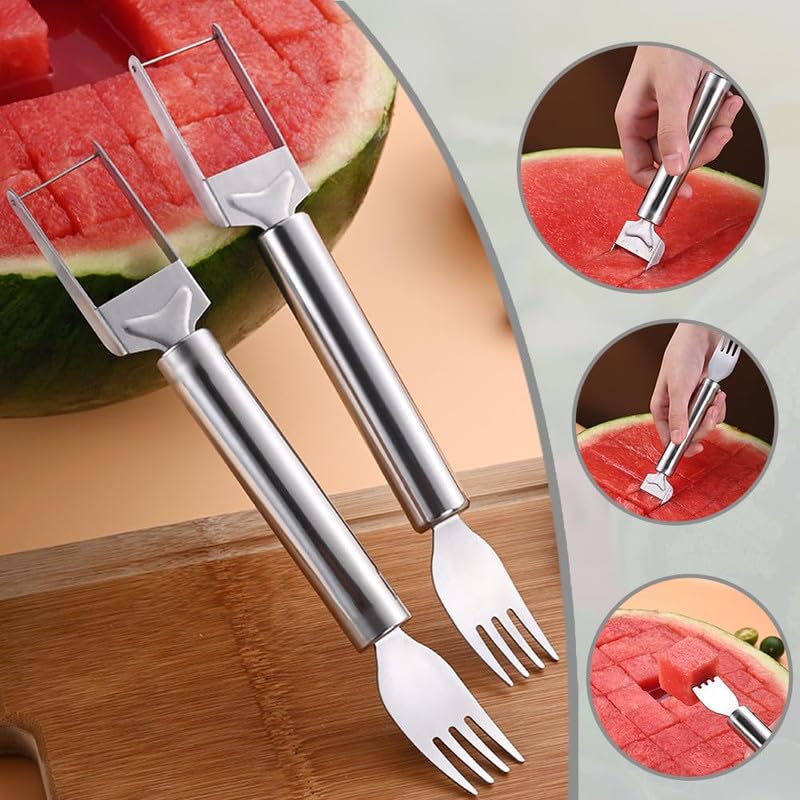 2-in-1 Stainless Steel Fruit Cutter, 2024 New Watermelon Fork Slicer Cutter, Dual Head Fruit Forks Slicer Watermelon Cutter Tool, Summer Fruit Cutting Fork for Home, Kitchen, Camping (1pcs)