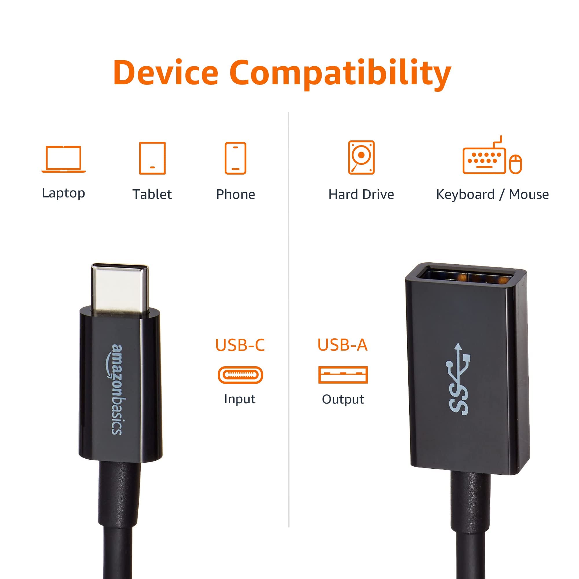 Amazon Basics USB 3.1 USB-C to USB-A Female Adapter Cable Converter, 5Gbps High-Speed, USB-IF Certified, for Laptops, Tablets, Phones (iPhone 16/15), Black
