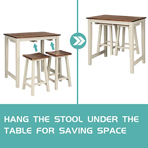 Giantex 3 Piece Pub Dining Set, Counter Height Pub Table with 2 Saddle Bar Stools, Tavern Collection Table Set for Living Room, Kitchen, Small Space (Brown & Milky White)