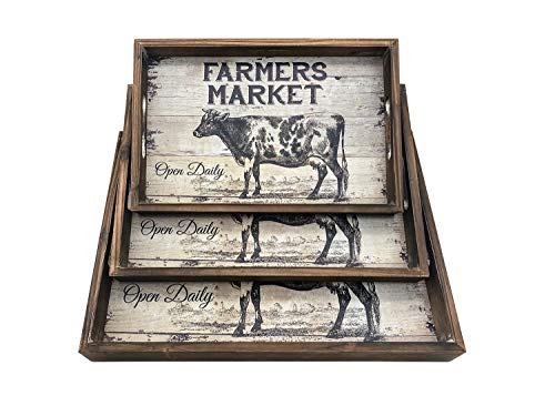 DeliDecor Large Decorative Serving Trays with Handle, Set of 3 Nesting Rustic Wooden Organizer Distressed Farmers Market Farmhouse Decor with Cow Pattern, Coffee Food Platters, Open Daily 17"x12.5"