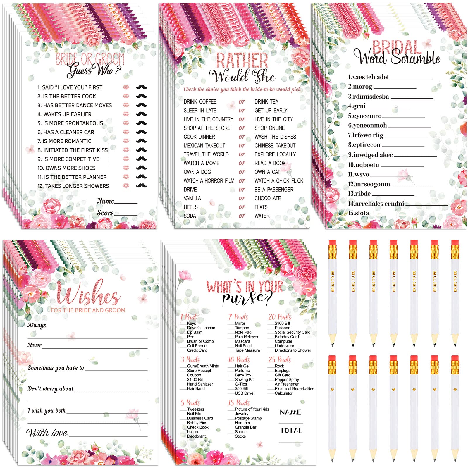 300 Pcs Bridal Shower Games Supplies Include 5 Sets 50 Wedding Games Cards and 50 Pencils, Bridal Shower Decorations Bridal Favors for Guests Bride Groom Bridal Wedding, 50 Guests (Fresh Style)