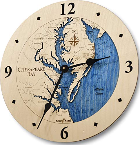 Sea & Soul Chesapeake Bay 3-D Nautical Wood Chart 12" Wall Clock, Handcrafted in The USA, Topographic Water Map Clock, Carved Lake Art Wall Clock, Coastal Décor (Deep Blue)