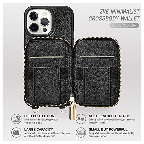 ZVE iPhone 12 Pro/iPhone 12 Zipper Wallet Case, Crossbody Phone Case with RFID Blocking Credit Card Holder Wrist Strap Purse Cover Gift for Women for iPhone 12 Pro/iPhone 12(6.1 inch)-Black