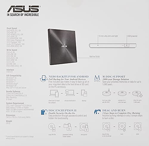 ASUS ZenDrive Ultra Slim USB 2.0 External 8X DVD Optical Drive +/-RW with M-Disc Support for Windows and Mac and Nero BackItUp for Android Devices (SDRW-08U7M-U/BLK/G/AS),Black