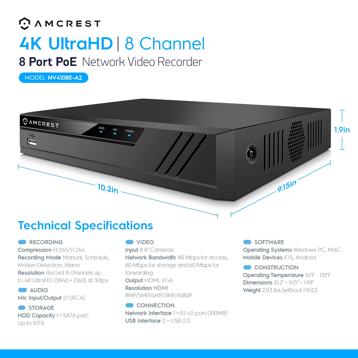 Amcrest 4K 8CH Security Camera System w/ 4K (8MP) NVR, (4) x 4K (8-Megapixel) IP67 Weatherproof Metal Dome POE IP Cameras (3840x2160),Pre-Installed 2TB Hard Drive, NV4108E-HS-IP8M-2493EW4-2TB (White)