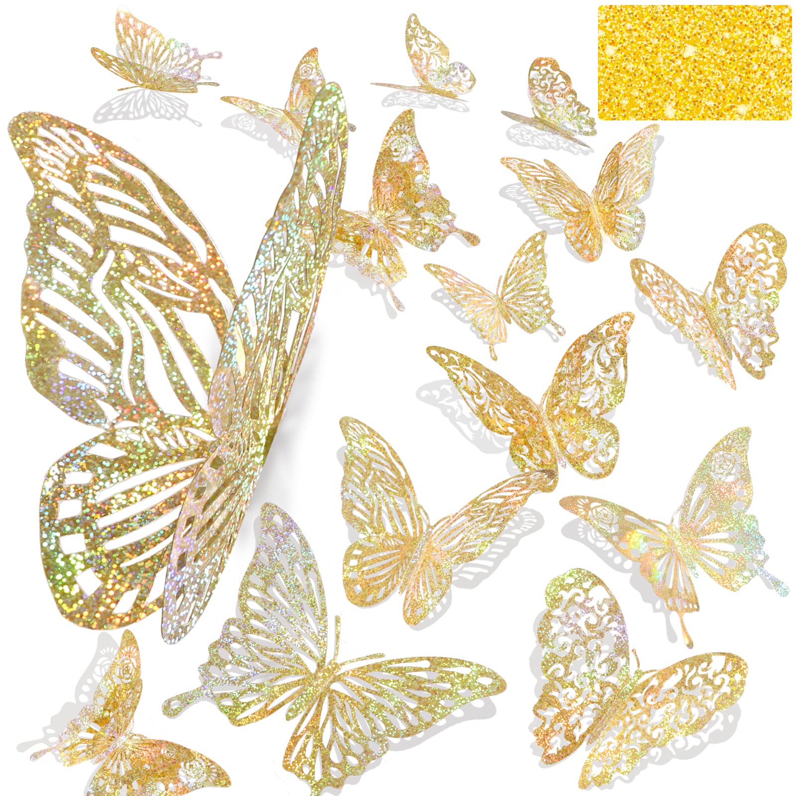 60 Pcs 3D Iridescent Gold Butterfly Decorations,Sequined Gold Room Decor with Set 5 Style Decorative Paper Butterfly for Party Birthday Baby Shower Decorations Wedding Decor DIY Gift( (Sequined Gold)