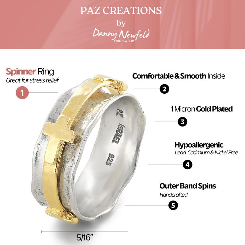 925 Sterling Silver Cross Spinner Ring by Paz Creations, Meditation Ring, Bohemian Jewelry For Women, Yellow Gold 7