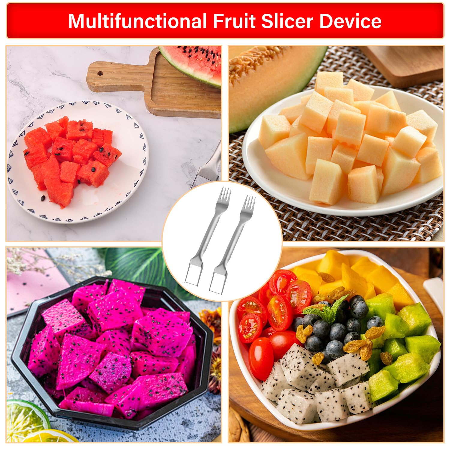 3 Pack Watermelon Cutter Stainless Steel Fruit Cutter, 2-in-1 Watermelon Slicer Kitchen Gadgets Watermelon Cutter Slicer Tool, Quickly Fruit Forks Slicer for Home Party Camping Kitchen Gadget