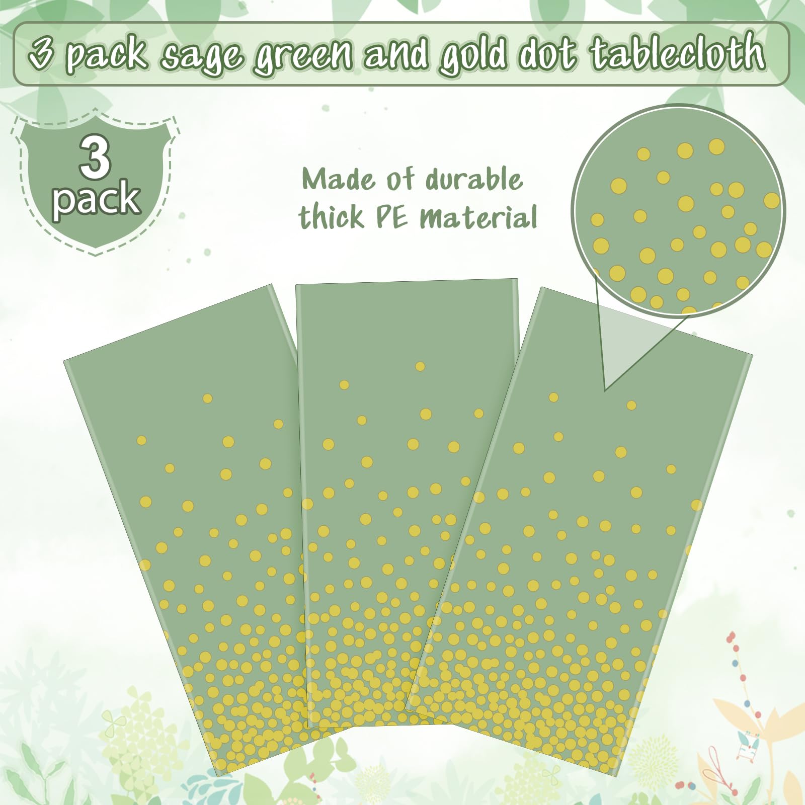 3 Pack Sage Green and Gold Plastic Tablecloth, Green Disposable Table Cloth for Rectangle Tables, Gold Stamping Dot Light Green Tablecloth for Baby Shower Birthday Wedding Party Decorations, 54"x108"
