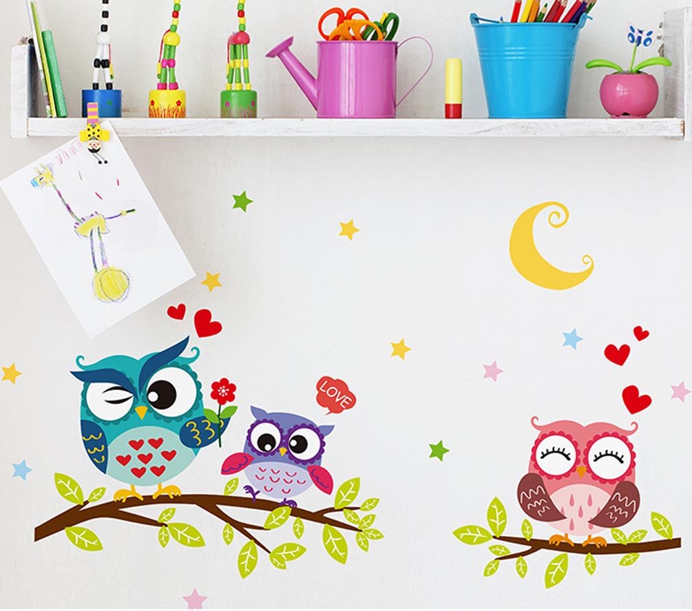 BIBITIME Night Moon Star Sky Wall Sticker Love Family Owls on The Tree Branch Wall Decal for Nursery Bedroom Kids Room Decor,25.19" x 16.92"