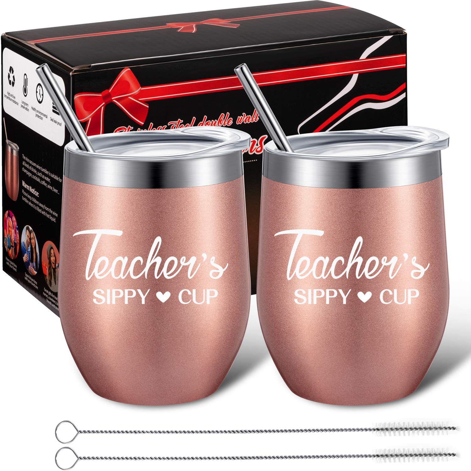 2 Pack Gifts for Teacher Funny Teacher Appreciation Gifts, Teacher’s Sippy Cup Personalized Year End Graduation Birthday Gifts for Teachers, 12 oz Insulated Wine Tumbler