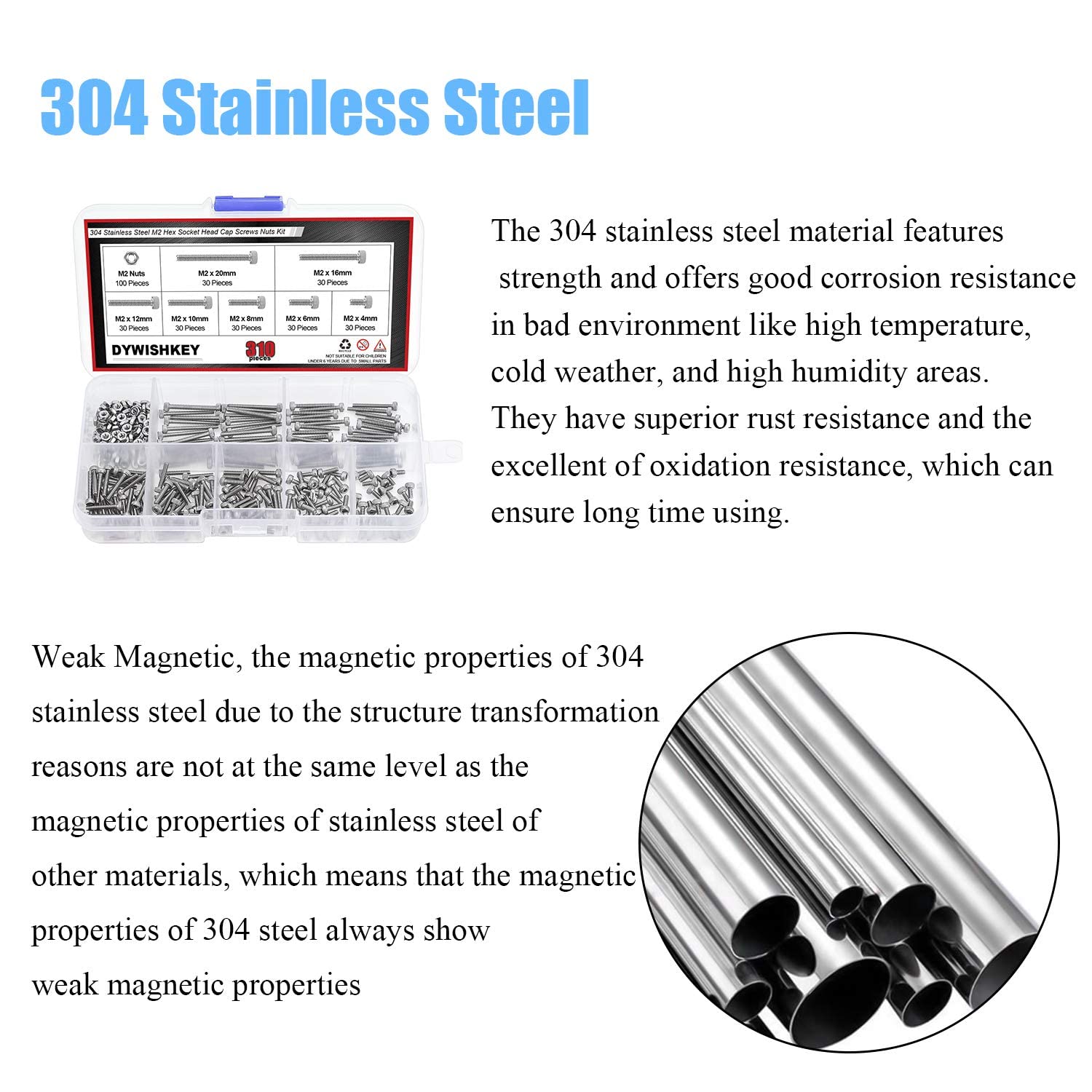 DYWISHKEY 310 Pieces M2 x 4mm/6mm/8mm/10mm/12mm/16mm/20mm, Stainless Steel 304 Hex Socket Head Cap Bolts Screws Nuts Kit with Hex Wrench