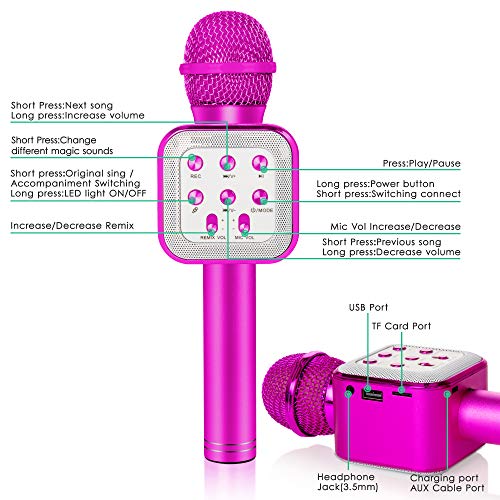 KIDWILL Wireless Bluetooth Karaoke Microphone for Kids, 5-in-1 Portable Handheld Karaoke Mic Speaker Player Recorder with LED Lights for Kids Girls Boys Teens Birthday (1818-Hot Pink)