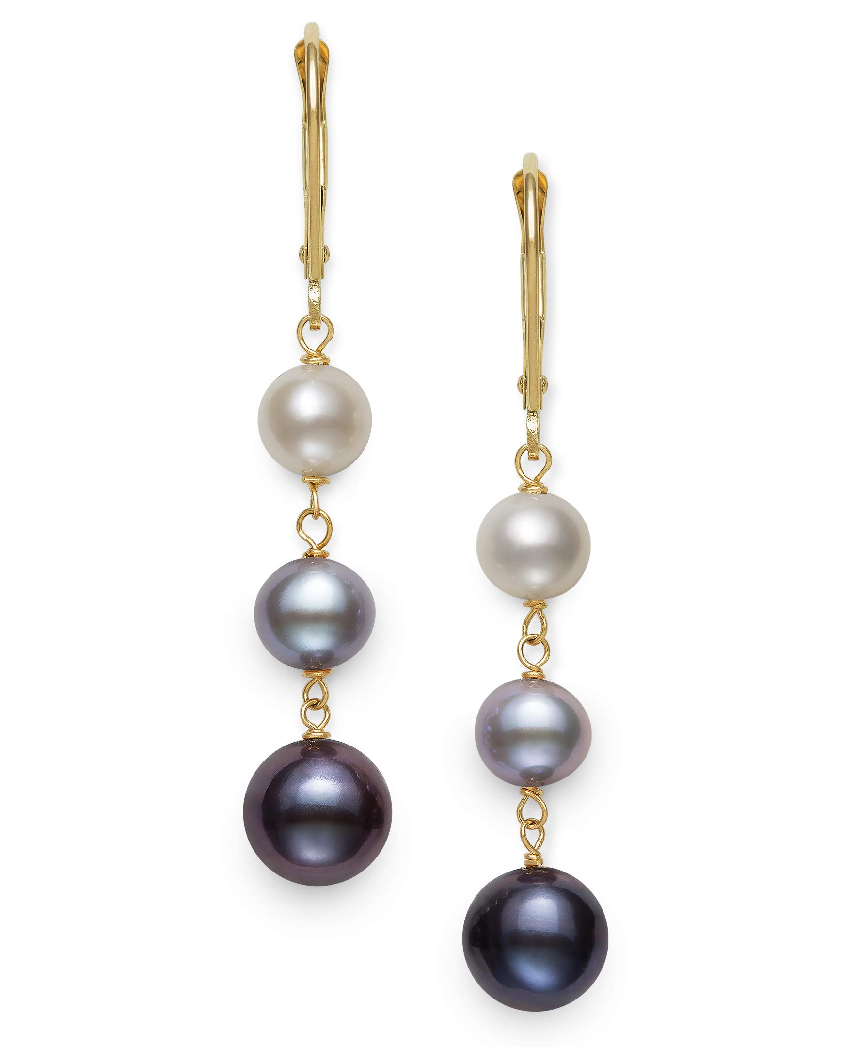 14k Yellow Gold Cultured Freshwater Pearl Trio Dangle Drop Earrings (Multi-Black)