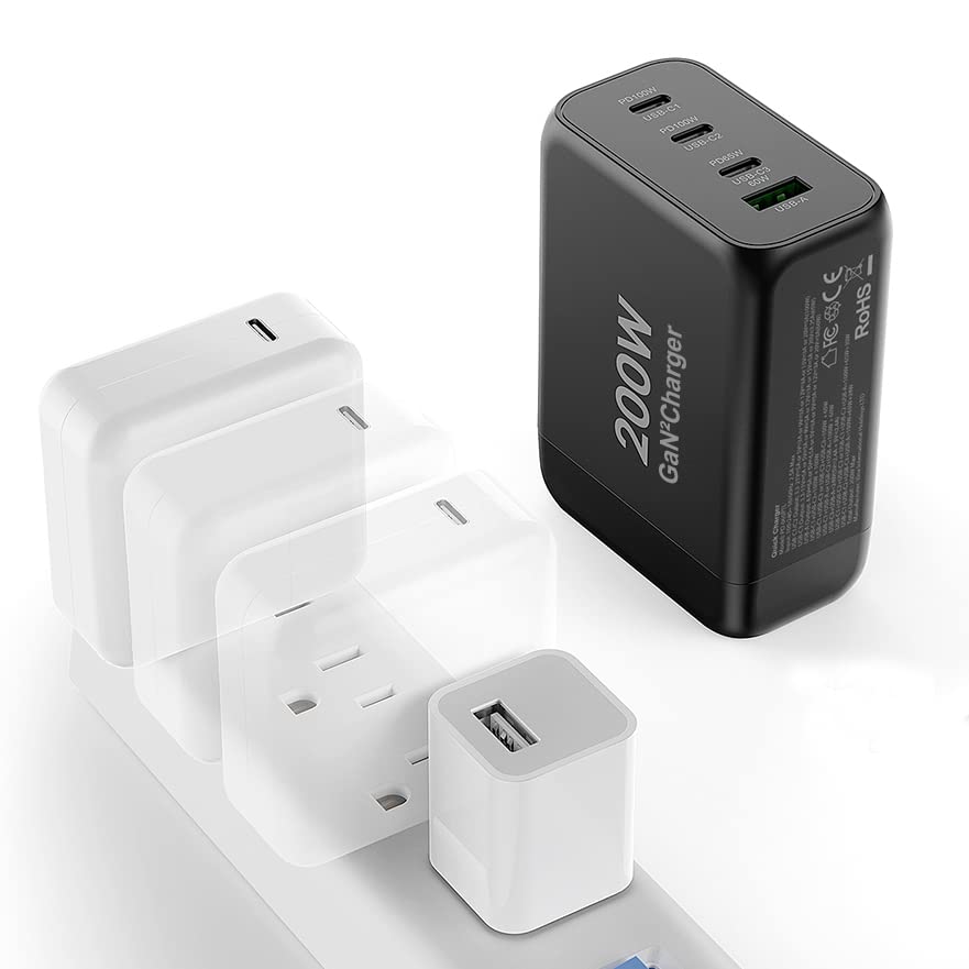 200W USB C GaN Charger, Viptree 4-Ports PD 100W PPS 45W QC60W Super Fast Charging Adapter for MacBook Laptop iPhone 14 Plus 13 12 Pro Max iPad Samsung Galaxy Pixel and More