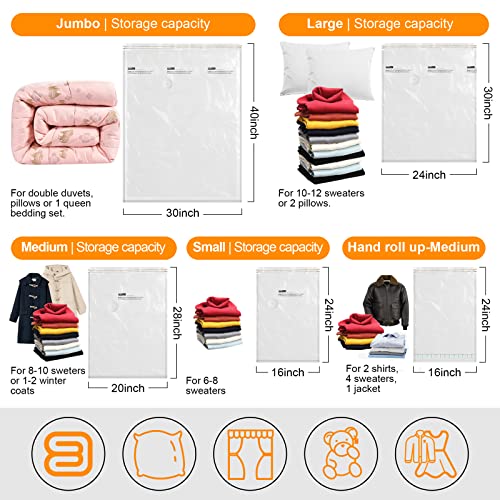 8 Pack Vacuum Storage Bags(8 Jumbo) - Triple Seal Turbo Valve Design Vacuum Seal Bags,Give Away Complimentary Hand Pump Compression Bags for Travel,Suitable for Clothes, Duvets, Sheets (8)