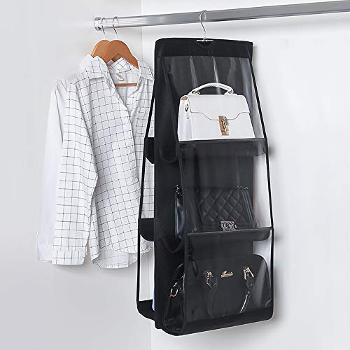 inheming Hanging Purse Handbag Organizer, Dust-Proof Space Saver Storage Holder Bag, 6 Pockets Wardrobe Closet Handbags Storage(Black)