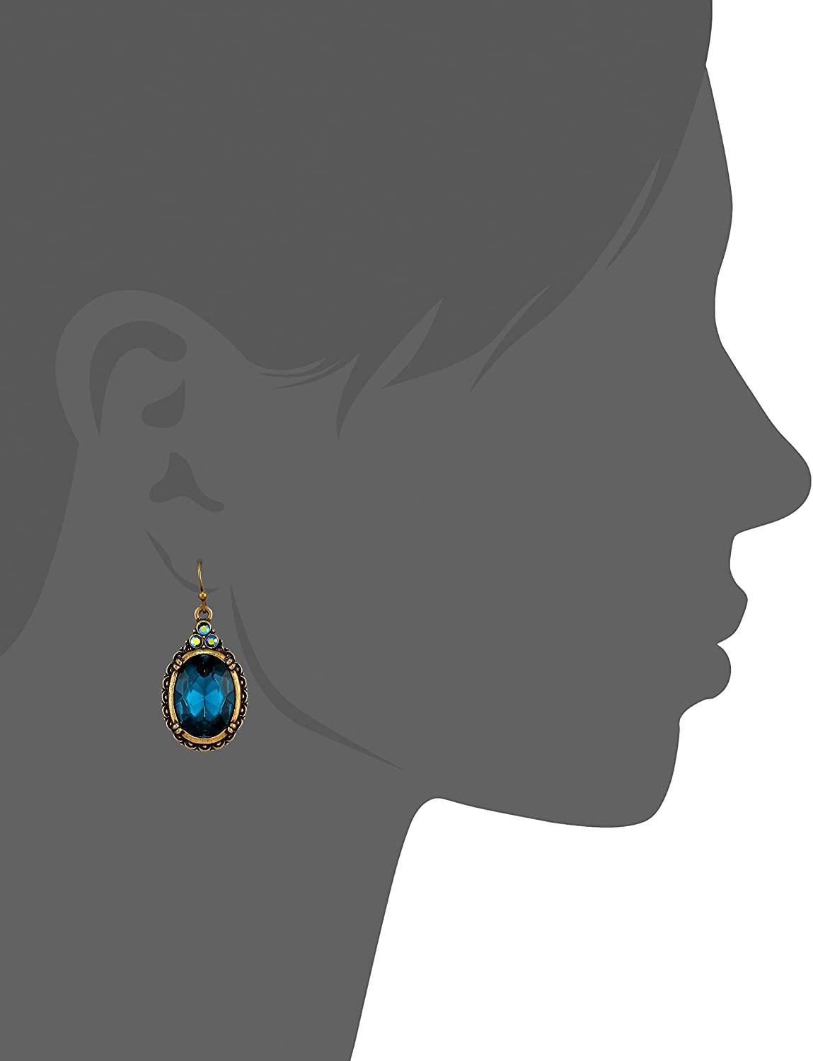 1928 Jewelry "Victorian Peacock" Blue Zircon Color Oval Faceted Brass Tone Drop Earrings