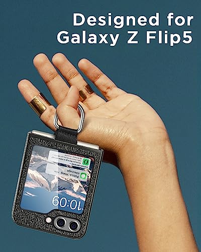 AICase for Samsung Galaxy Z Flip 5 Case Leather, Slim Protective Shockproof Phone Case with Ring for Galaxy Z Flip 5 5G, Black