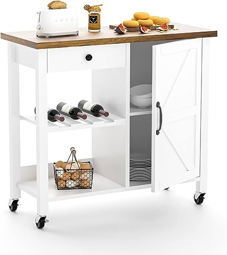 4 EVER WINNER Kitchen Island Cart on Wheel with Storage, 31" Farmhouse Island Table with Storage Drawer & Cabinet, Adjustable Shelf, Wine Rack,Rolling Small White Kitchen Coffee Cart for Dining Room