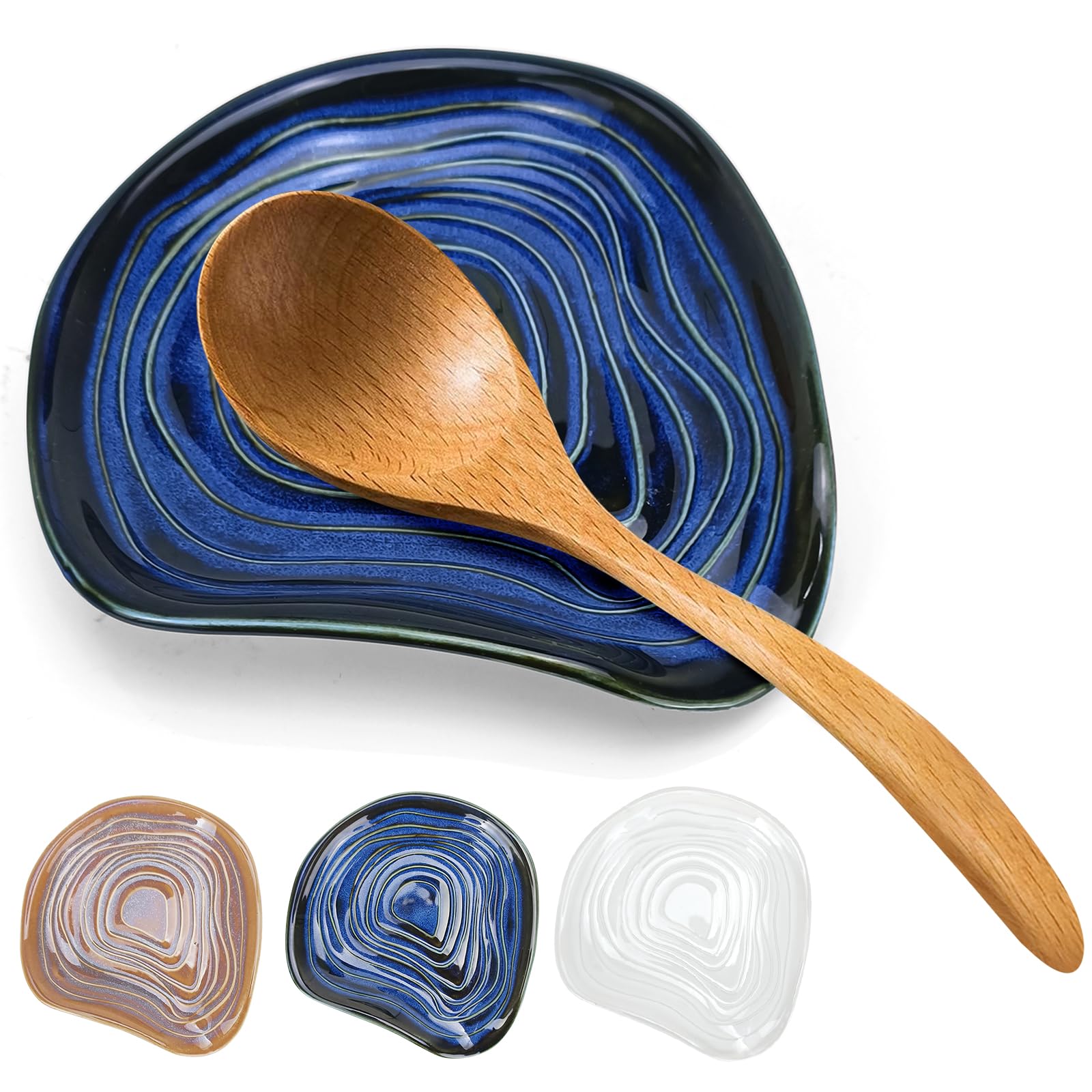 3 Pack Spoon Rest for Stove Top, 5.7” Ceramic Spoon Holder for Stove, Heat-Resistant Spoon Rest for Kitchen Counter Spoons Spatulas Ladles (Blue Khaki White)