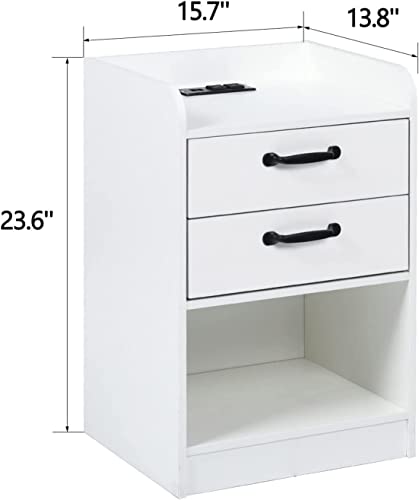 4 EVER WINNER Nightstand Set of 2 LED Light Nightstand with Charging Station, End Table with 2 Drawers for Bedroom, Bedside Table with Power Outlets & USB Ports, White