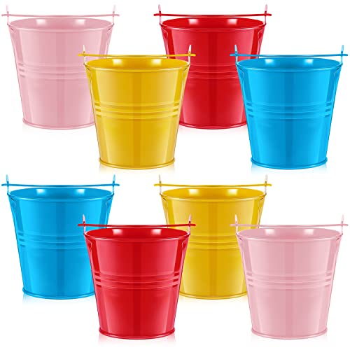 8 Pcs Pencil Bucket for Classroom Sharp and Dull Pencil Metal Buckets with 20 Stickers Assorted Colored Tin Bucket with Handle Mini Buckets Colorful Tin Pail Containers or Back to School Supplies