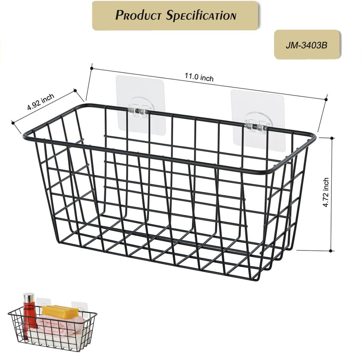 2 Pack Hanging Storage Basket, Bathroom Basket, Household Goods Storage Basket, with Traceless Tape, no Drilling, for Cabinet Storage, Kitchen, Bathroom, Storage Room (2 Black)