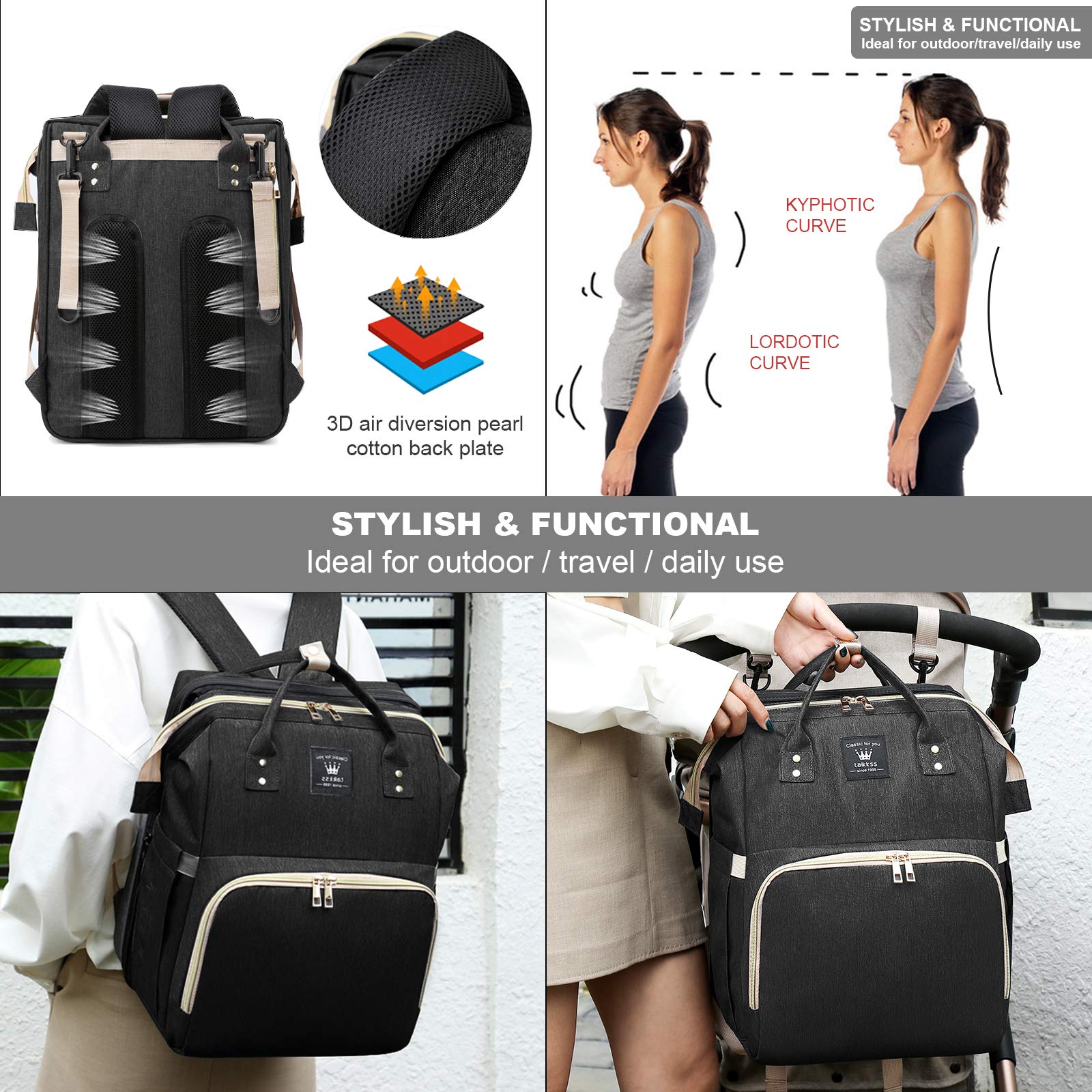 Leogreen Diaper Bag Backpack, Waterproof Travel Nappy Bags with USB Charging Port, Large Capacity Baby Bag with Stroller Straps Thermal Pockets, Black