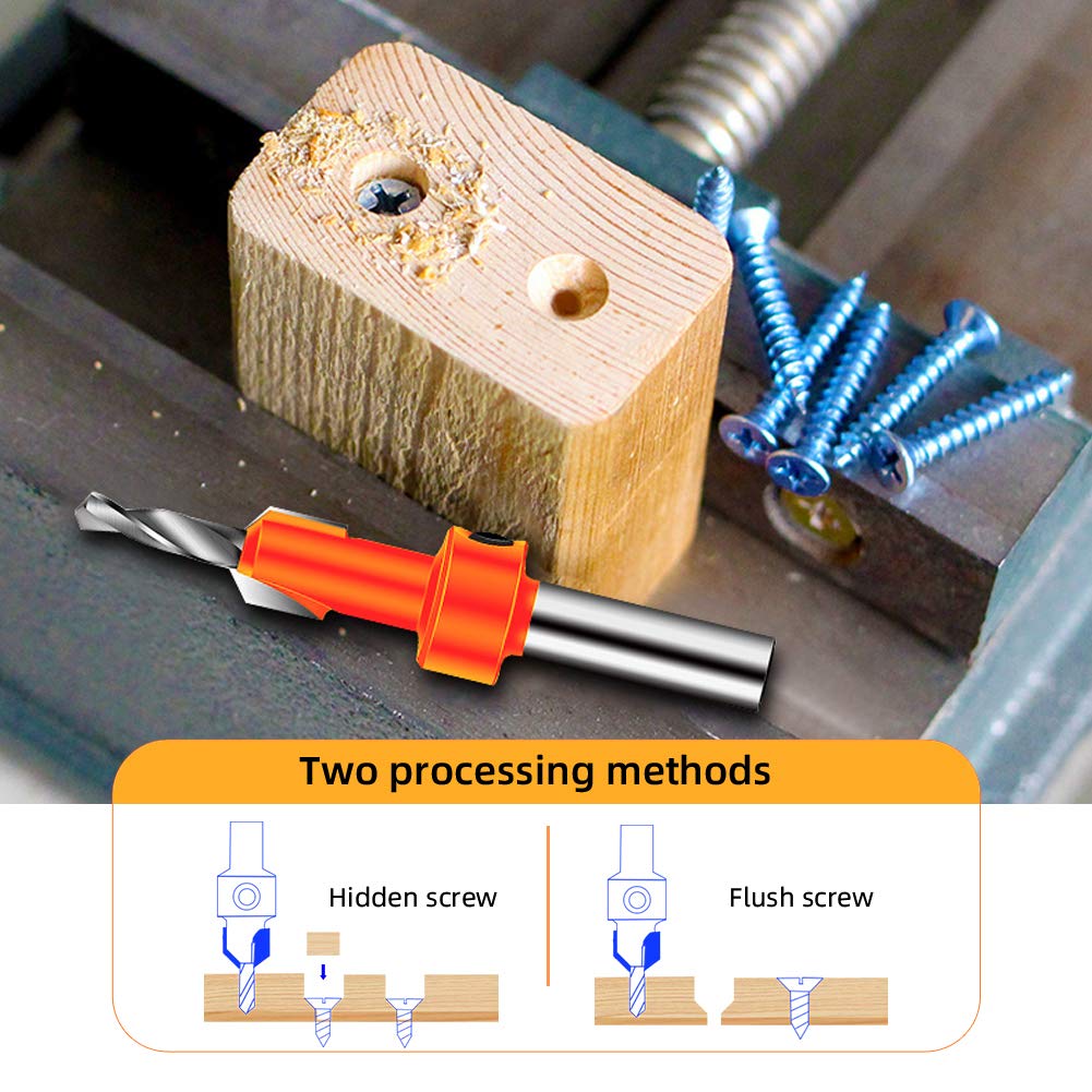 SENDRILL Wood Working Countersink Drill Bit Set Round Shank for Timber Working, with Hex Key Wrench(6PCS)
