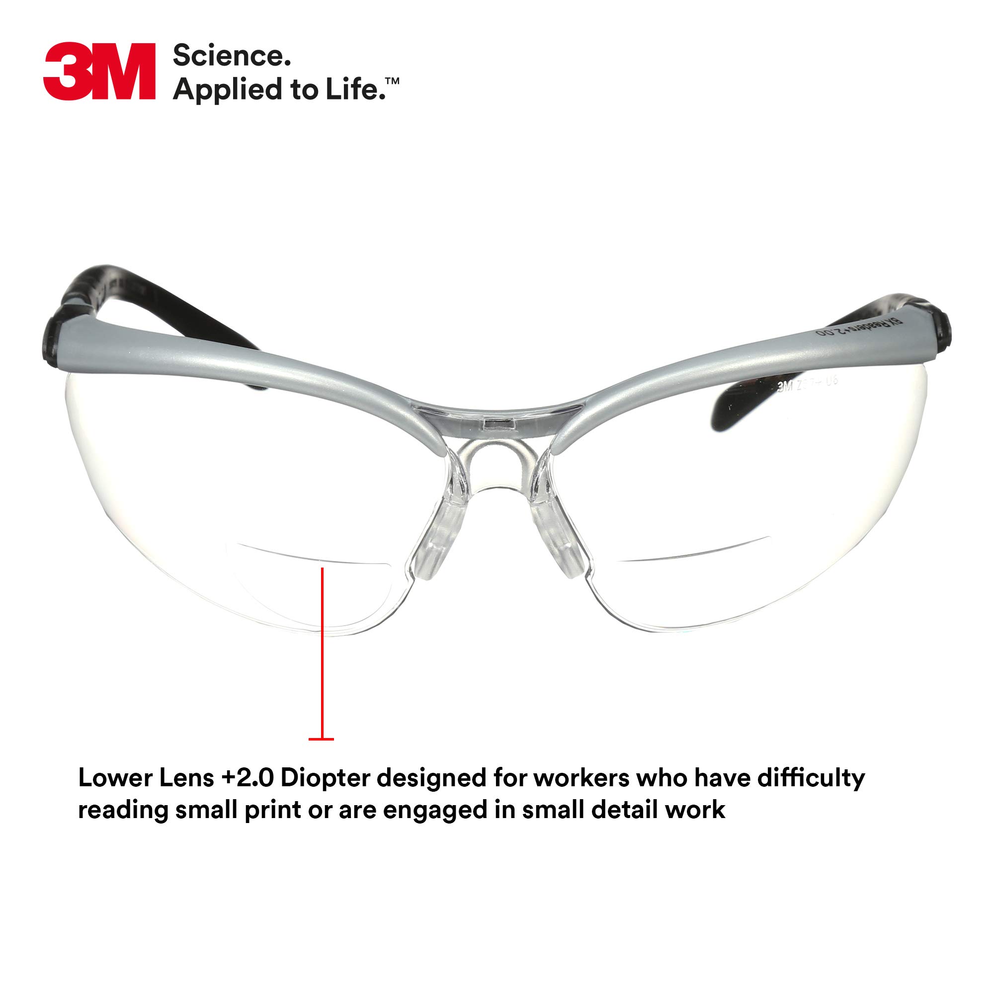 3M Safety Glasses with Readers, BX, +2.0, ANSI Z87, Anti-Fog Anti-Scratch Clear Lens, Silver Frame, Adjustable Length Temples and Lens Angle