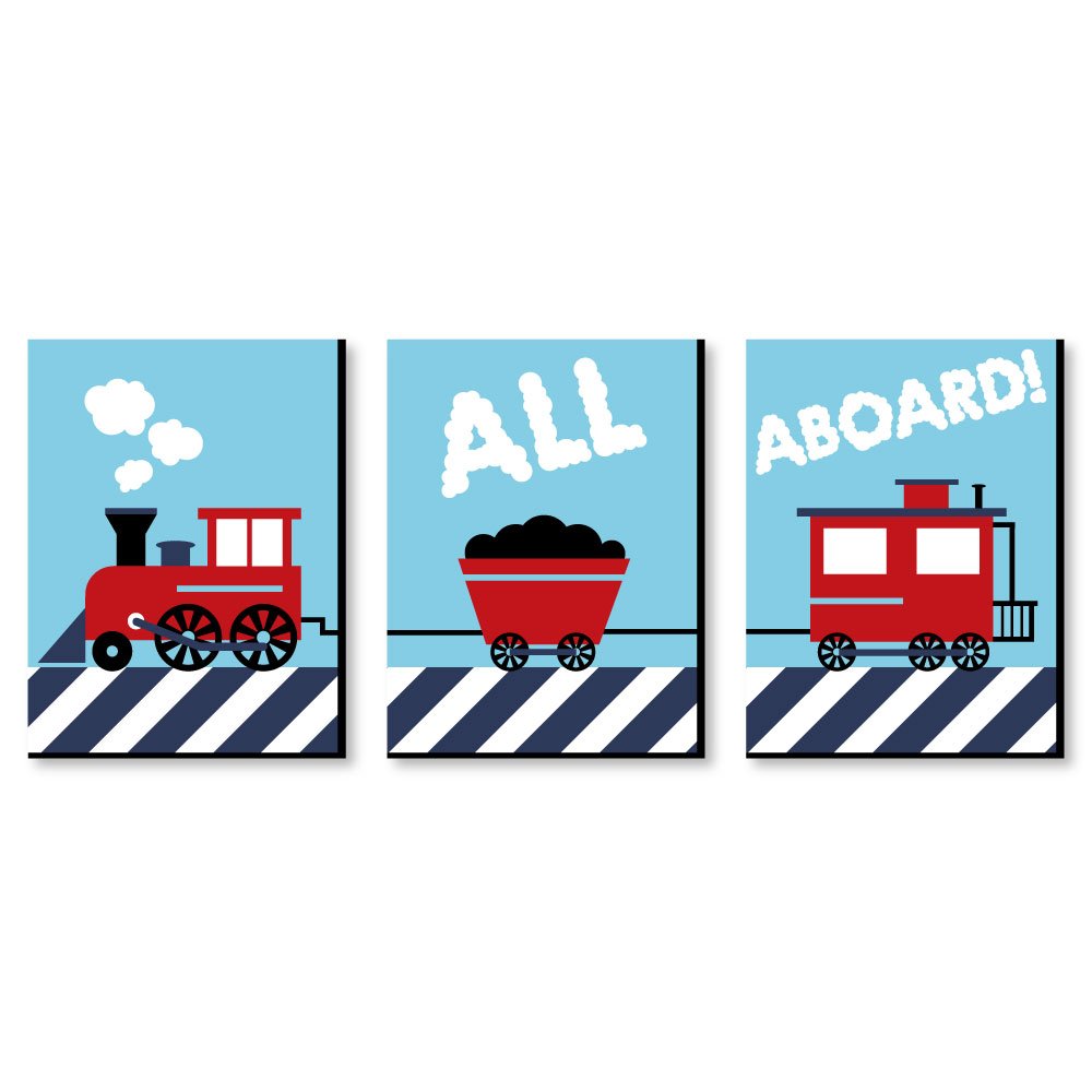 Big Dot of Happiness Railroad Crossing - Steam Train Baby Boy Nursery Wall Art and Kids Room Decorations - Gift Ideas - 7.5 x 10 inches - Set of 3 Prints
